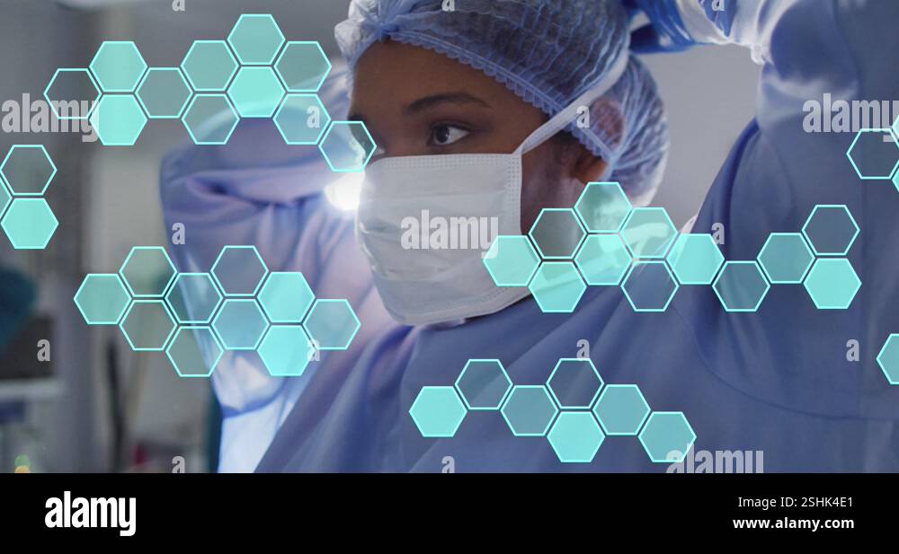 Animation of hexagonal structures processing data over biracial female ...