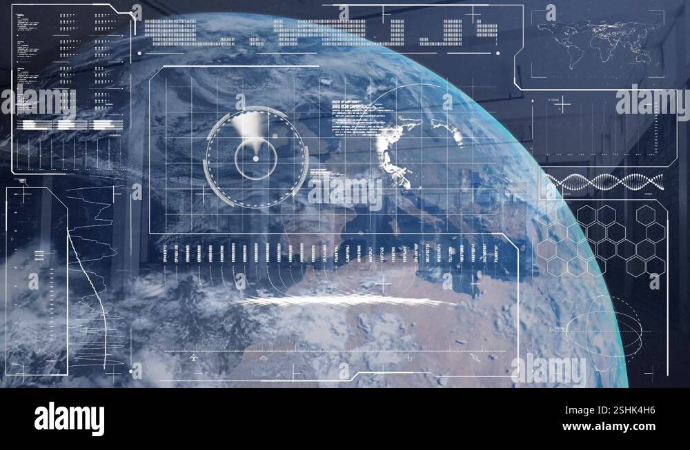 Animation of soundwave, soundbars, circles, map, dna helix and hexagon ...