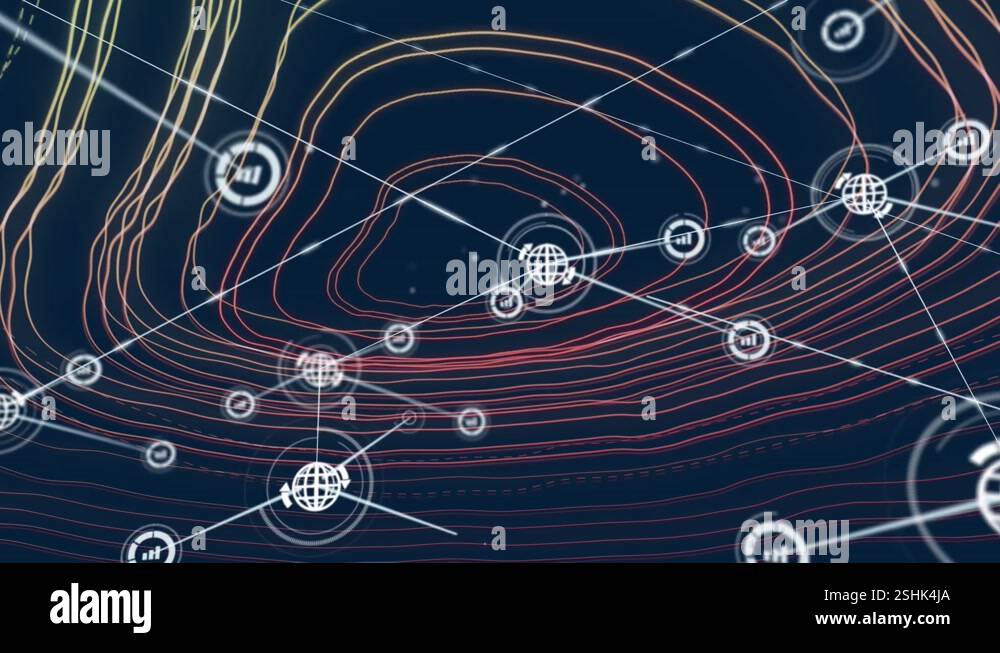 Animation of globe and graph icons connected with lines on circular ...