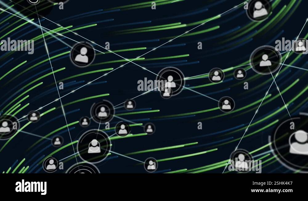 Animation of profile icons connected with lines over lines moving in ...