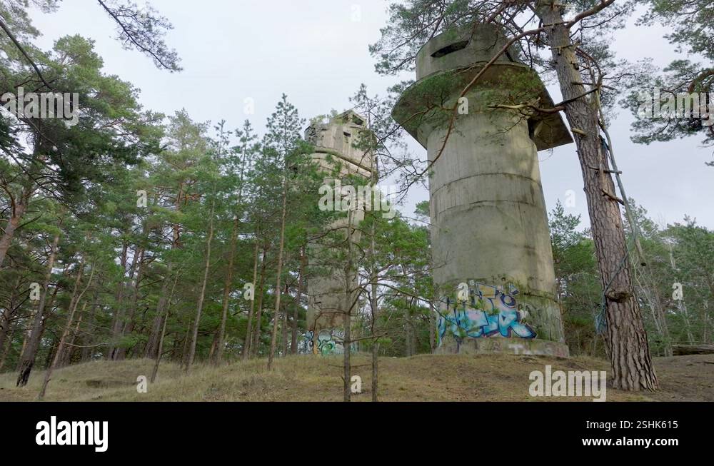 Establishing aerial view of old Soviet military concrete observation ...