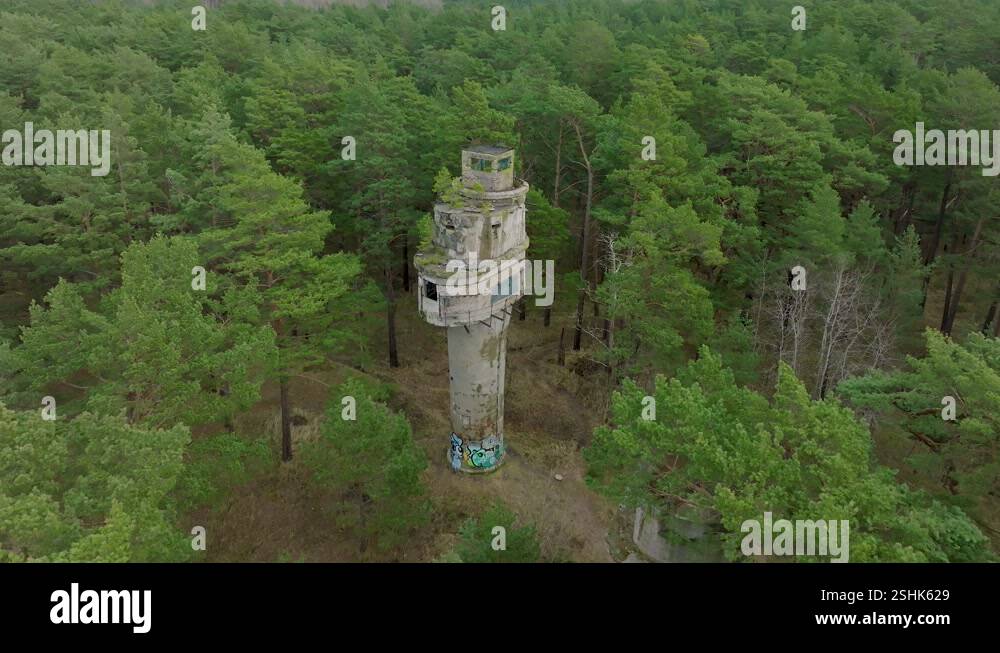 Establishing aerial view of old Soviet military concrete observation ...