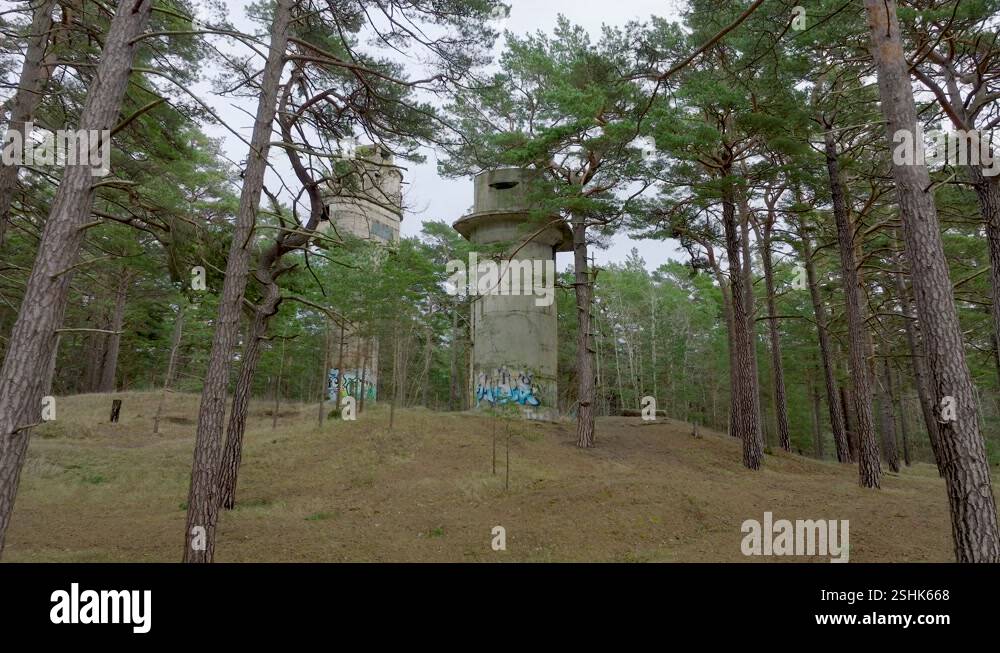 Establishing aerial view of old Soviet military concrete observation ...