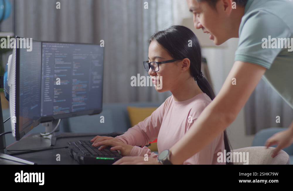 Asian Father Teaching His Daughter Creating Software Engineer Developing App Stock Video Footage ...
