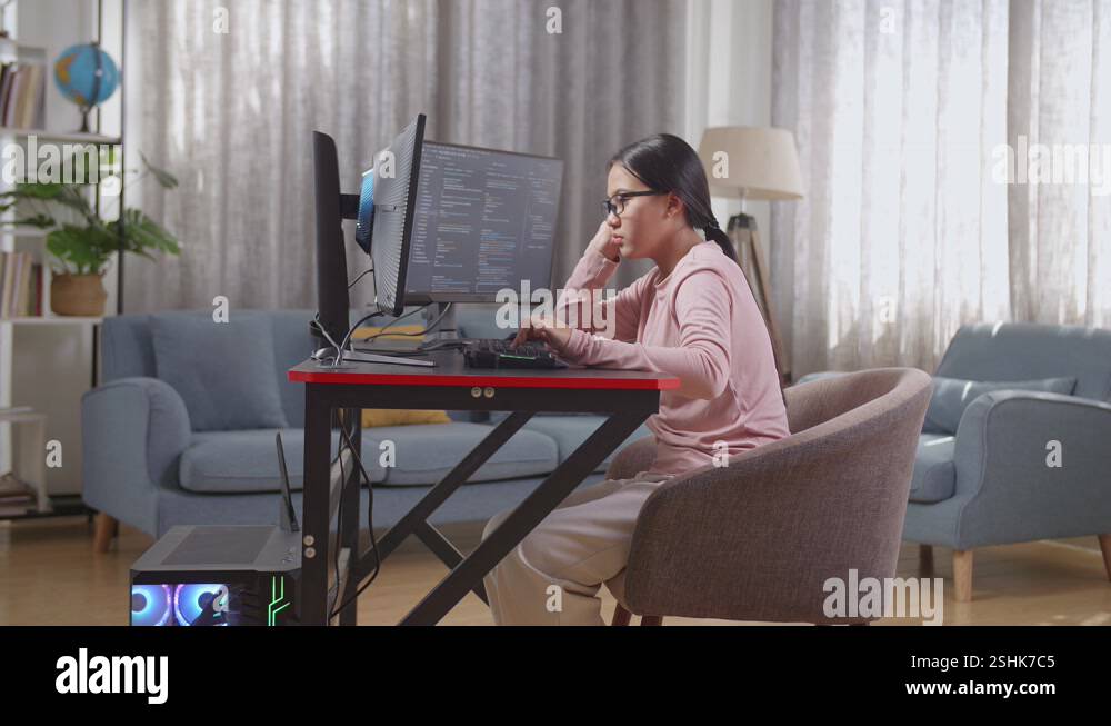 Asian Teen Girl Programmer Being Bored Creating Software Engineer Developing App Stock Video ...