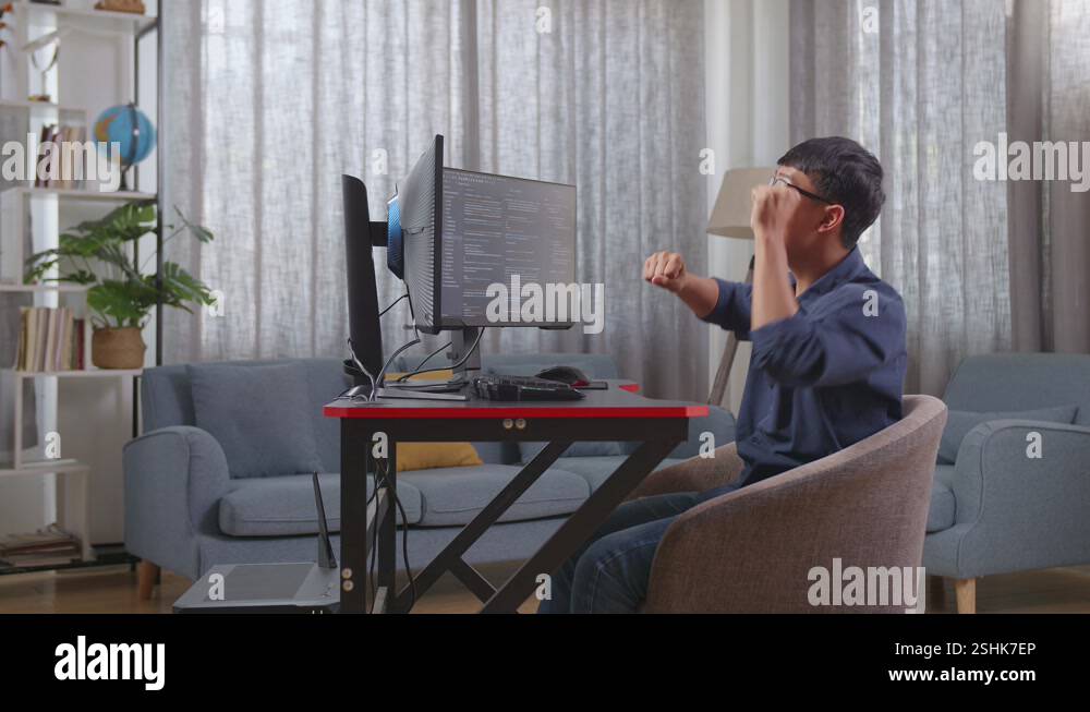 Asian Teen Boy Programmer Celebrating Succeed Creating Software ...