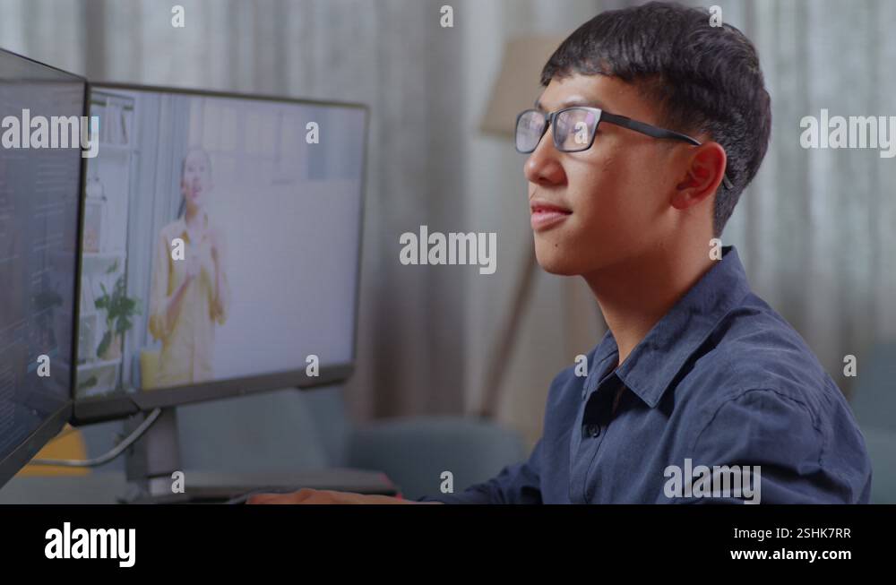 Close Up Of Asian Boy Programmer Learning Online From Teacher On ...