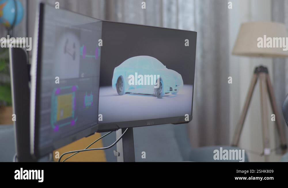 Close Up Of Two Desktop Computer'S Monitors Are Showing 3D Model Of Ev ...