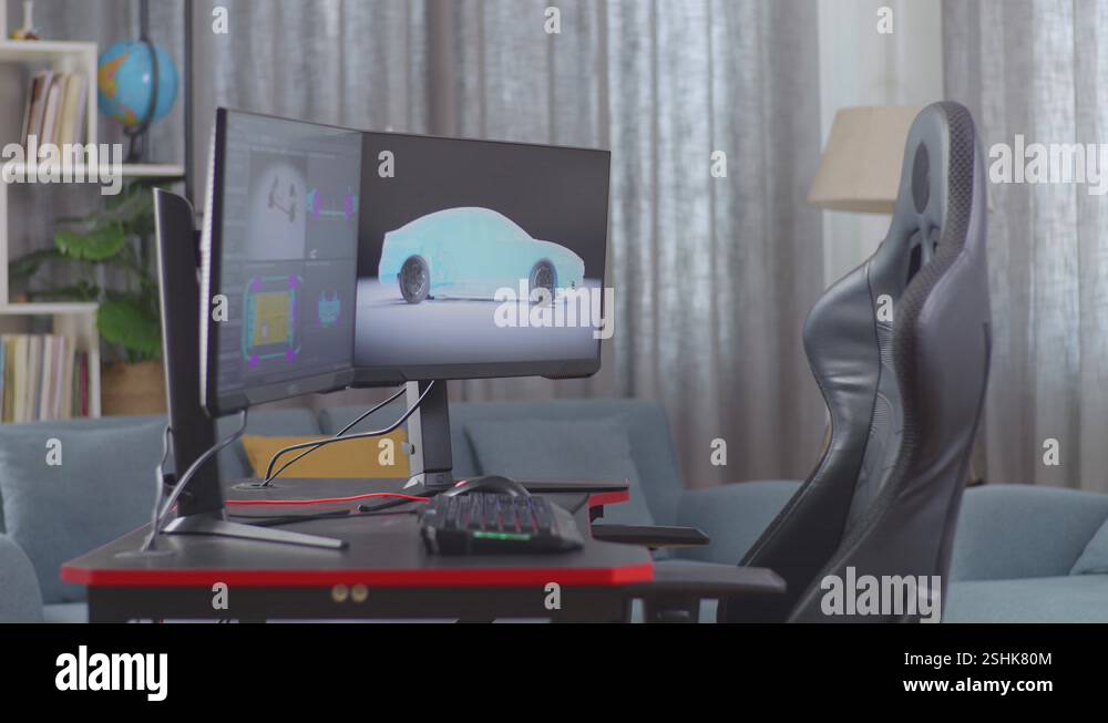 Monitors Of Two Desktop Computers Are Showing 3D Model Of Ev Car On The ...