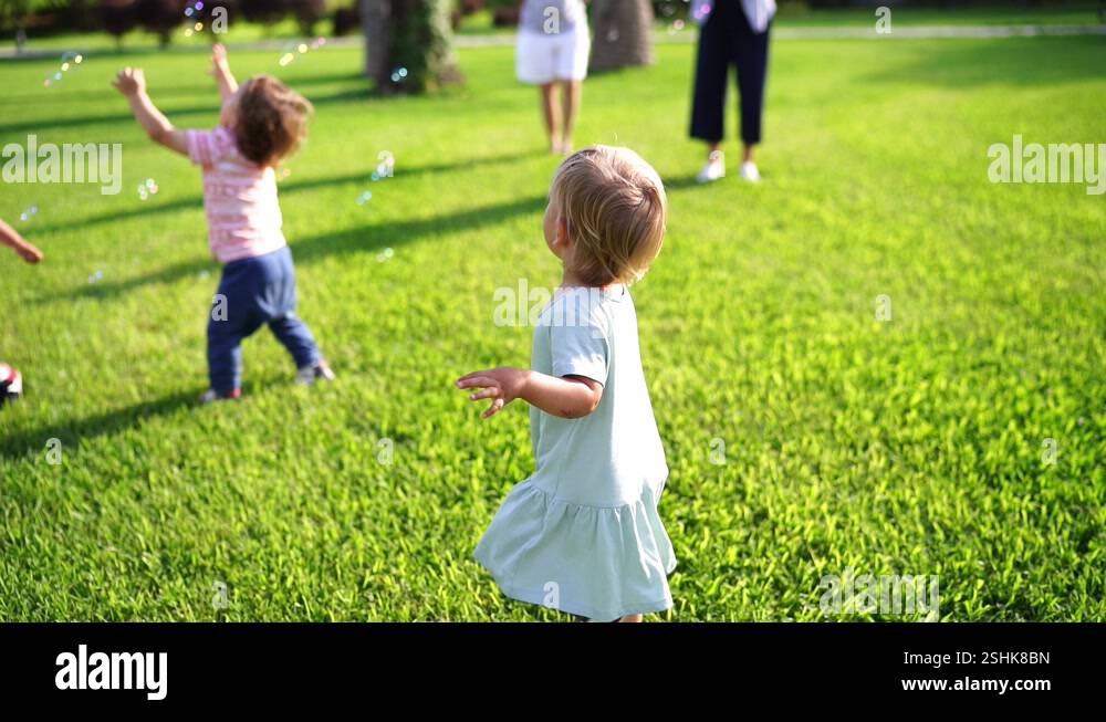 Little children catch soap bubbles with their hands on a green lawn ...