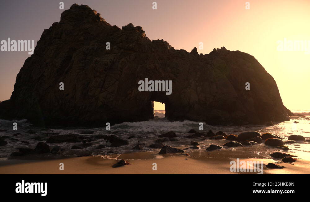 Big Sur Pfeiffer Beach Keyhole Arch Sunset California USA Stock Video ...