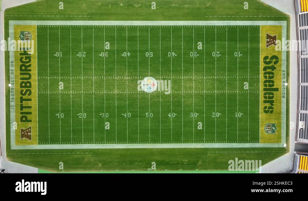 Pittsburgh Steelers field in Acrisure Stadium. Aerial top down drone ...