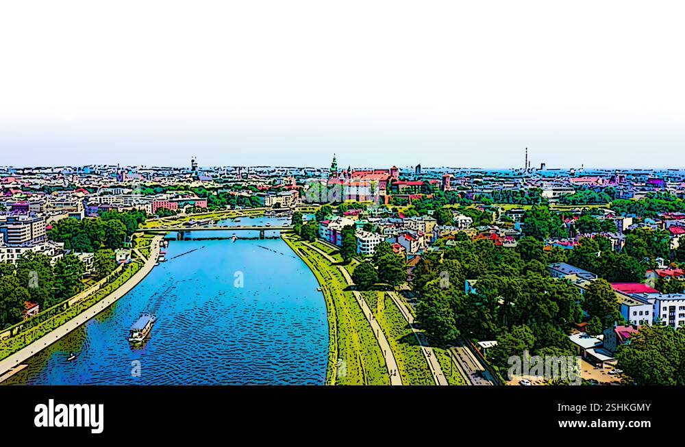 Color sketch in cartoon style. Krakow, Poland. Wawel Castle. Ships on ...