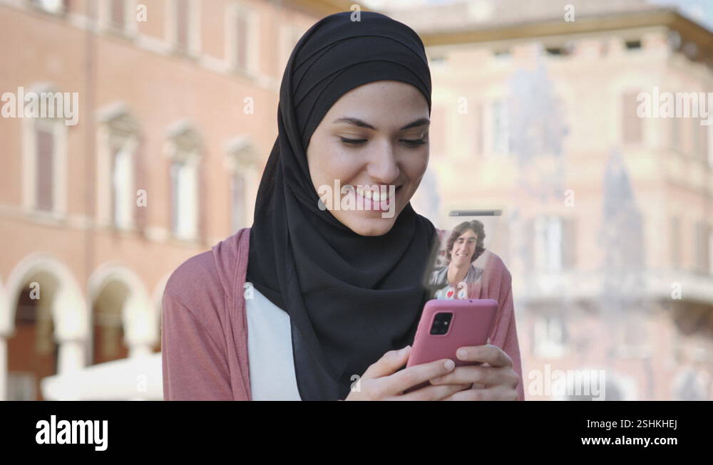 muslim female uses smartphone augmented reality dating app outdoor ...