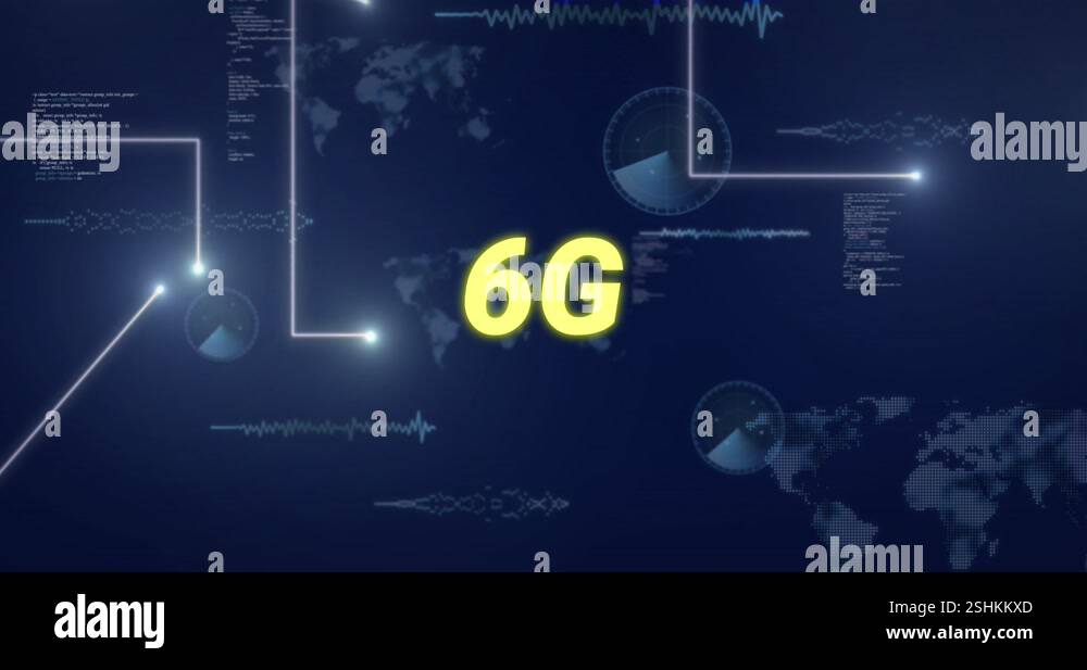 Animation of 6g text, world map and computer data processing Stock ...