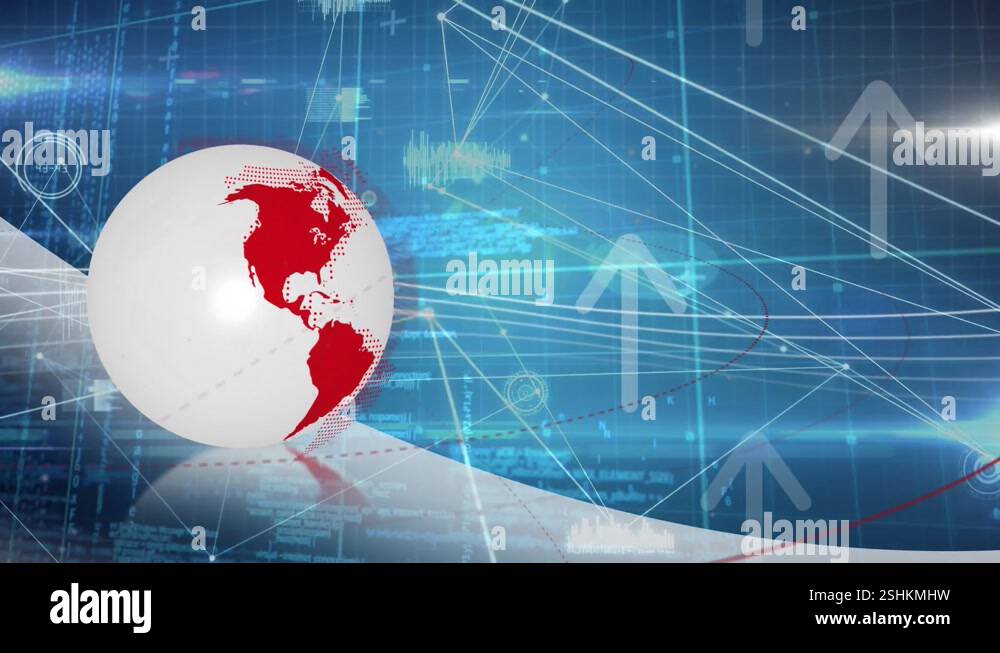 Animation of arrow icons and spinning globe against network of ...