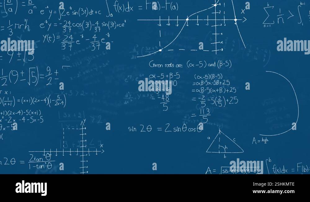 Animation of mathematical equations and diagrams floating against blue ...