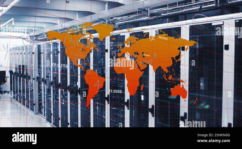 Animation of mathematical equations and world map over grid network ...