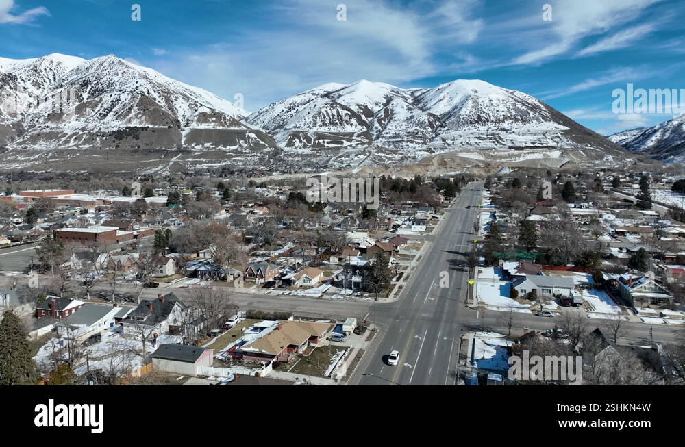 Aerial Brigham City Utah neighborhood toward mountain 4K Stock Video ...