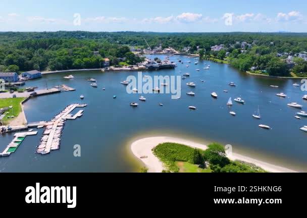 Cohasset Cove aerial view including fishing boat in the harbor in town ...