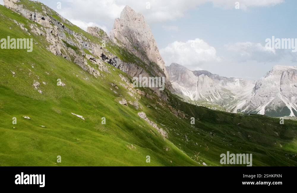 Secede peak in Dolomites of Italy, sunny vibrant day aerial view Stock ...