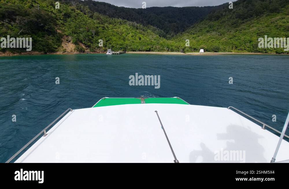 A view from the bow of a ferry as it arrives at Ship Cove at the top of ...