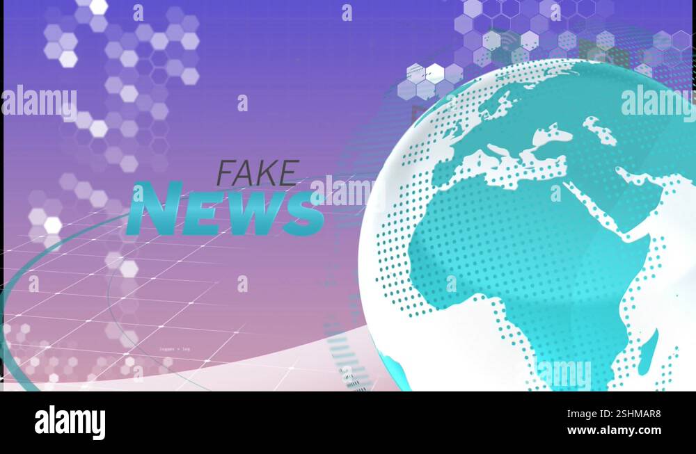 Animation of fake news text banner and spinning globe against data ...