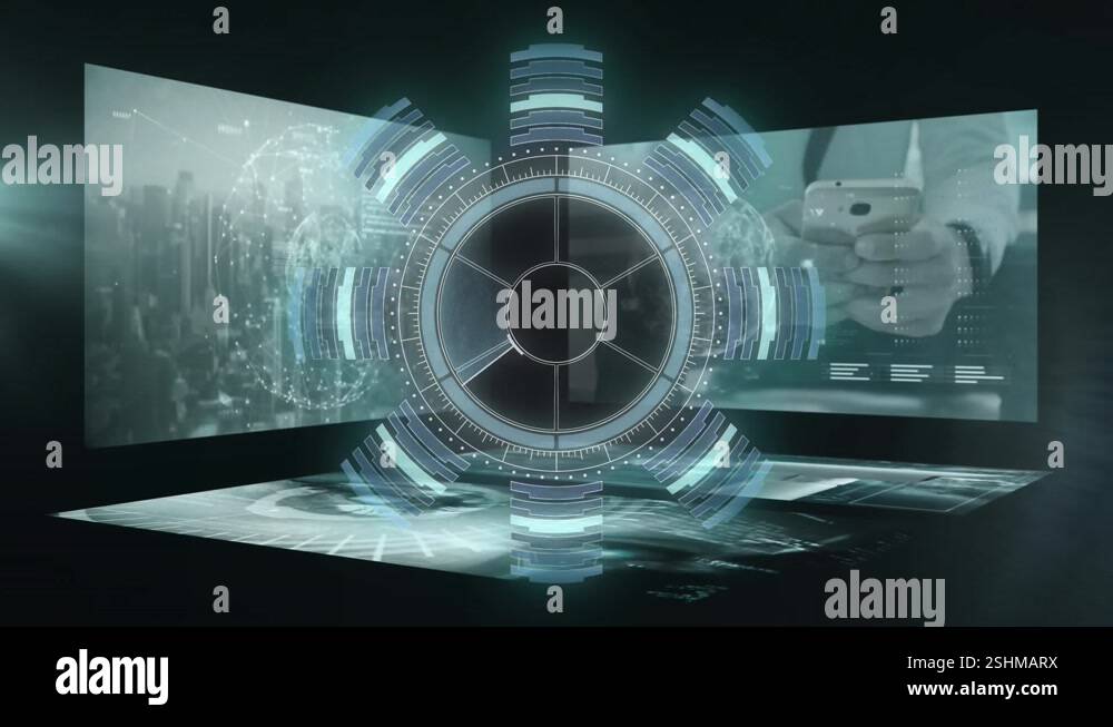 Animation of round scanner over screens with data processing and light spot Stock Video Footage ...