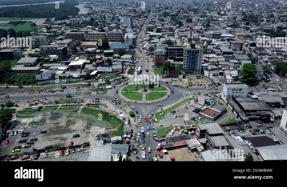Static aerial view of traffic at Rond-Point Deido in Douala city, in ...