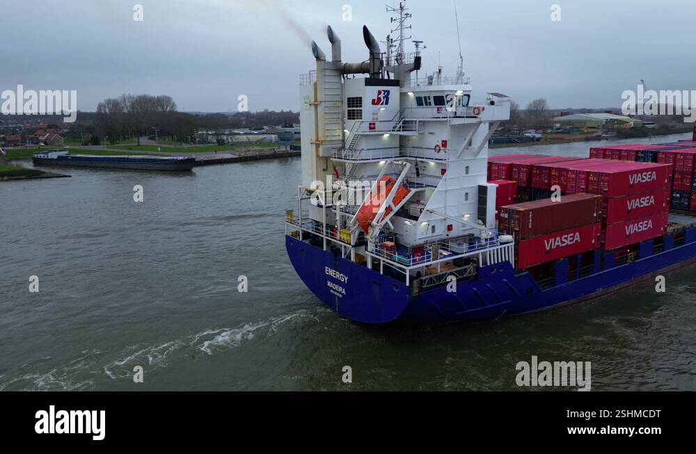 Aerial Shot Around Stern Of Energy Cargo Ship Carrying Viasea ...