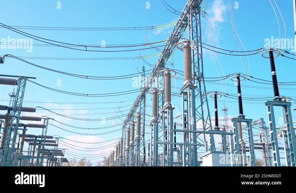 Power line industrial view, line of electric transmissions, view of the ...