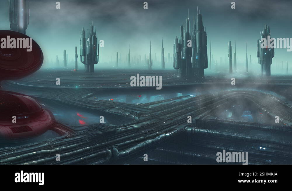 Sci Fi alien cityscape on a planet with flashing lights clouds motion ...