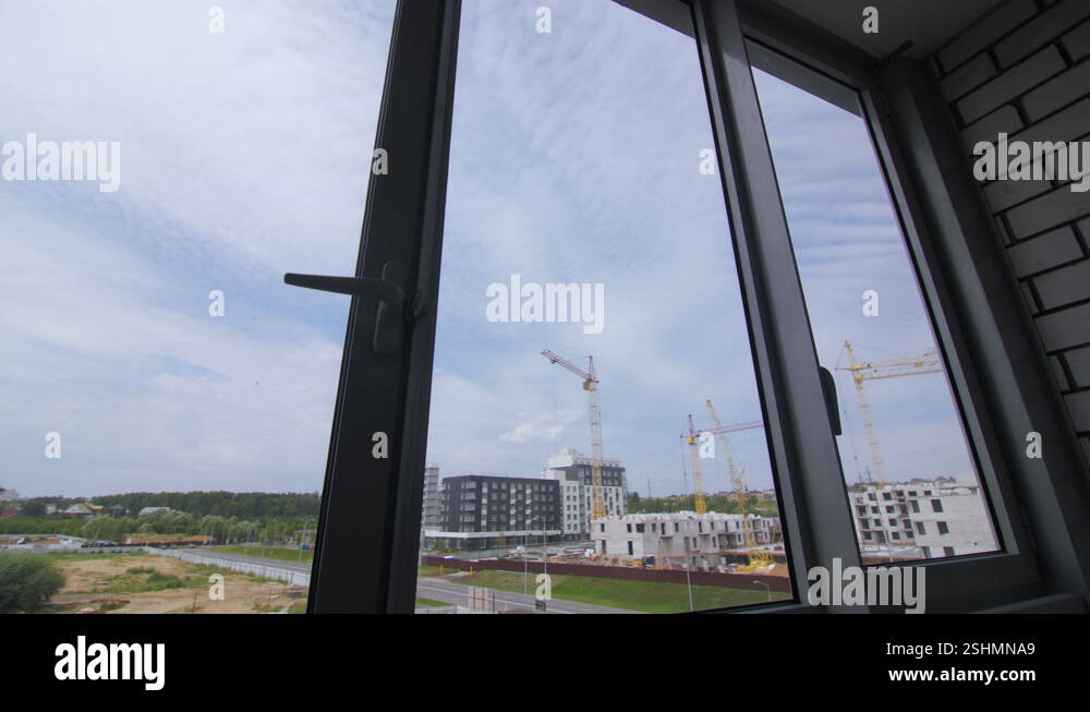 View on building construction site through out window Stock Video ...