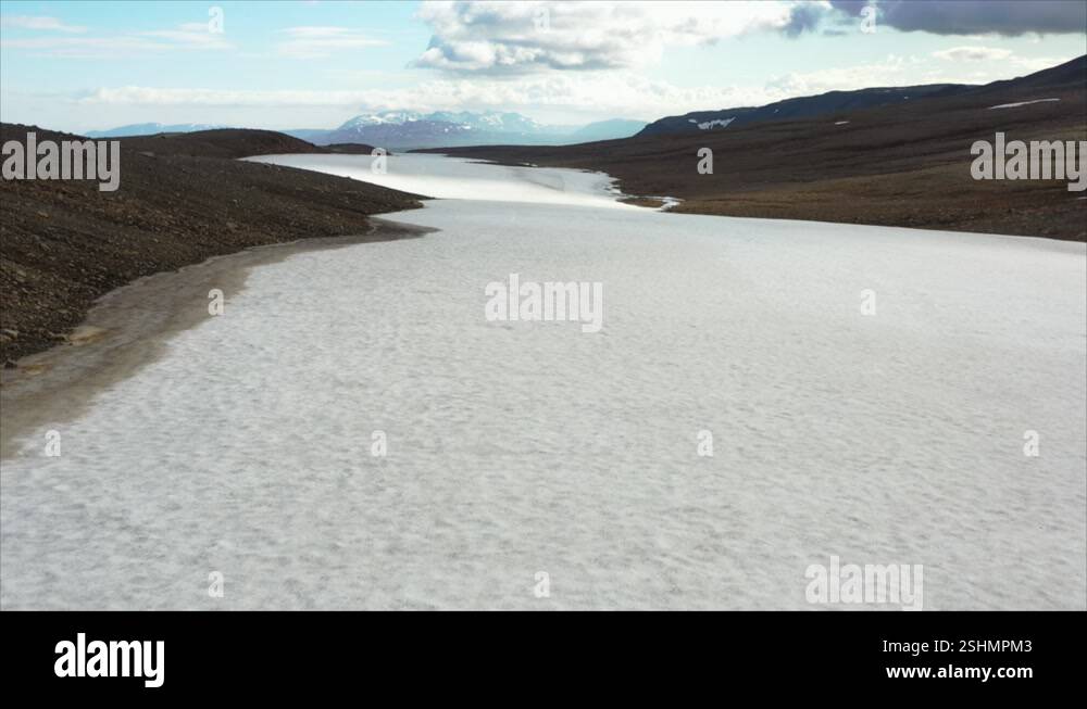Iceland Okjokull thin sheet of ice, drone flyover first extinct glacier ...