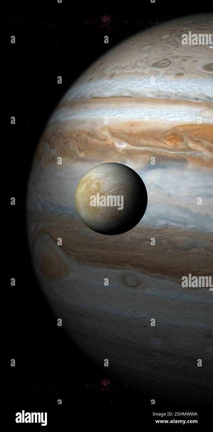 Europa moon and Jupiter planet in the outer space. 4K Vertical Stock ...