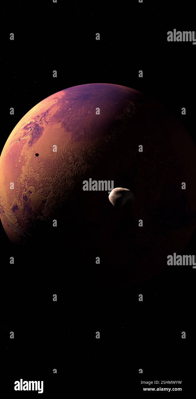 Phobos and Deimos, Mars I and Mars II, orbiting around Mars planet. 4K ...
