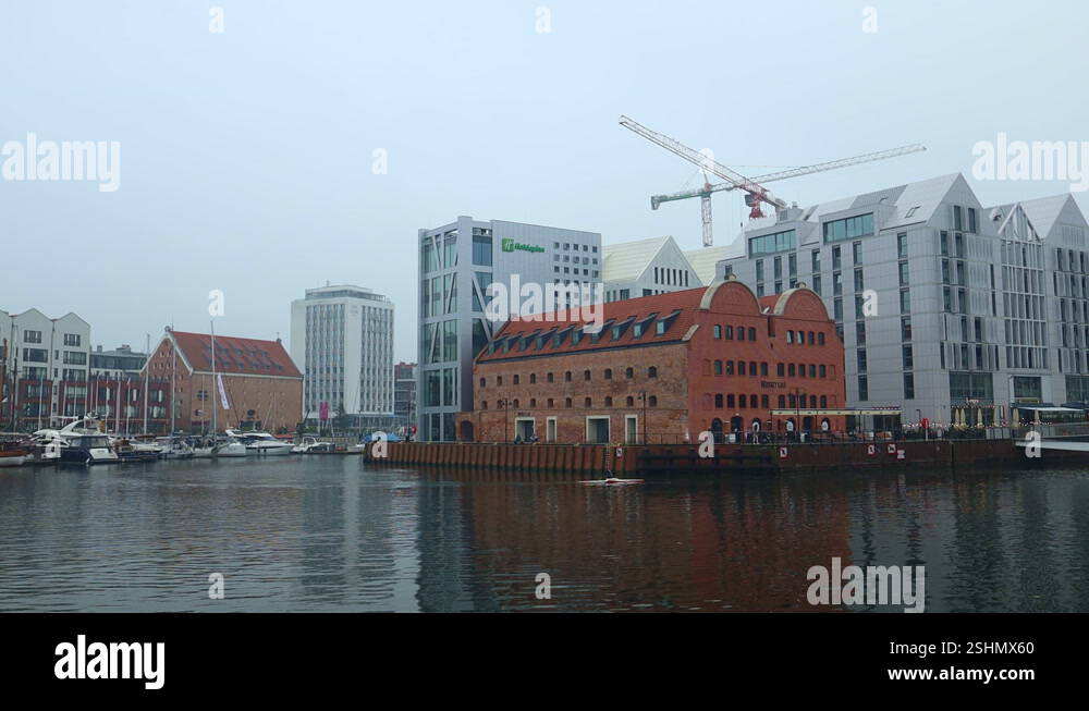 Beautiful Gdansk over the Motlawa river at fog. Poland Stock Video ...