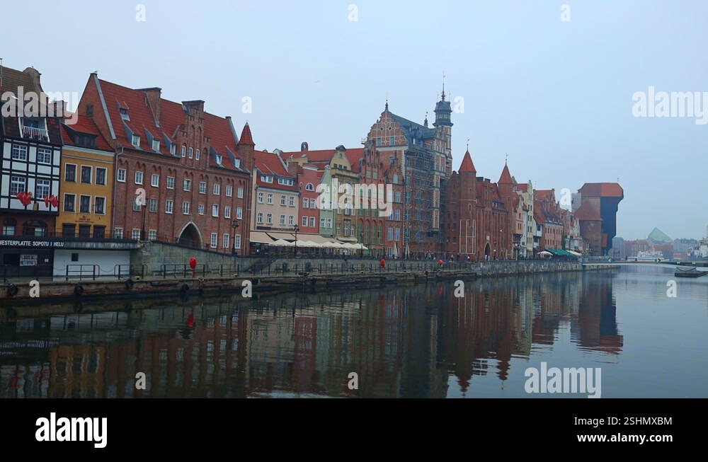 Beautiful Gdansk over the Motlawa river at fog. Poland Stock Video ...