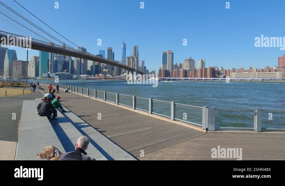 View over Brooklyn Bridge from Brooklyn Bridge Park - NEW YORK, USA - FEBRUARY Stock Video ...