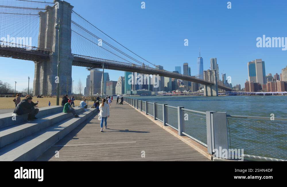 View over Brooklyn Bridge from Brooklyn Bridge Park - NEW YORK, USA - FEBRUARY Stock Video ...