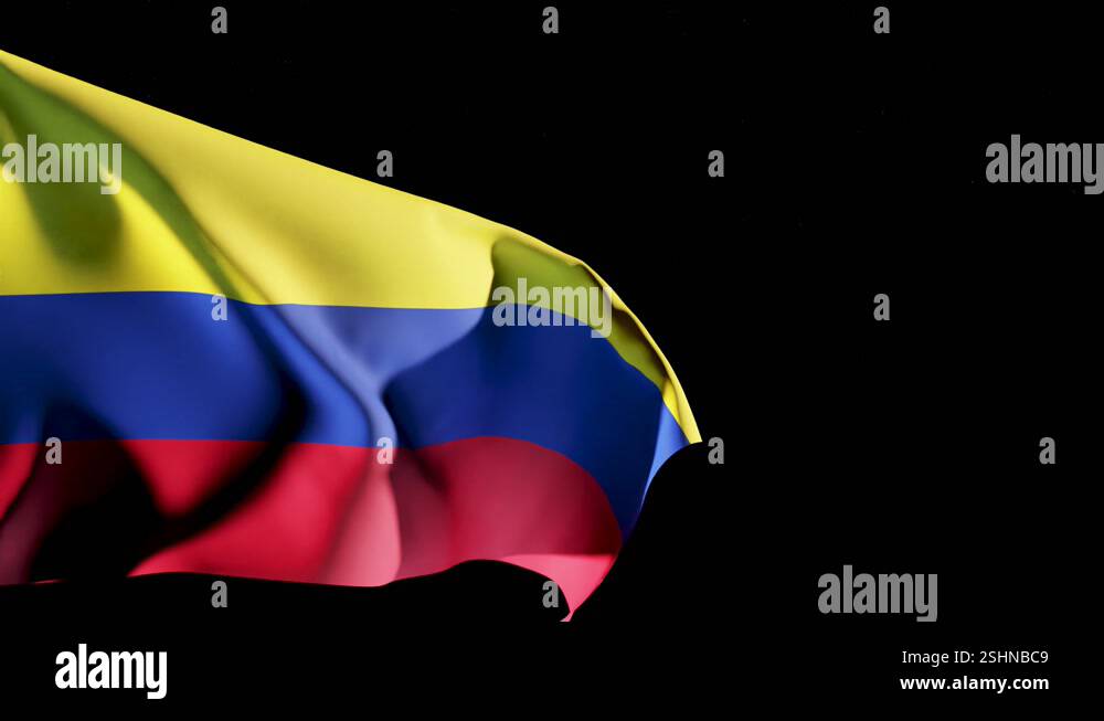 Flag of Colombia flutters in breeze against pure black background; 3D ...