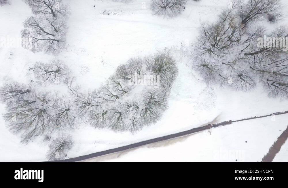 Aerial tracking shot above a city park and a residential building's ...