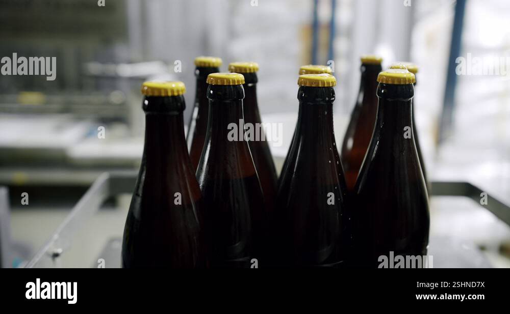 Capping process of full beer bottles.Machine for capping bottles ...