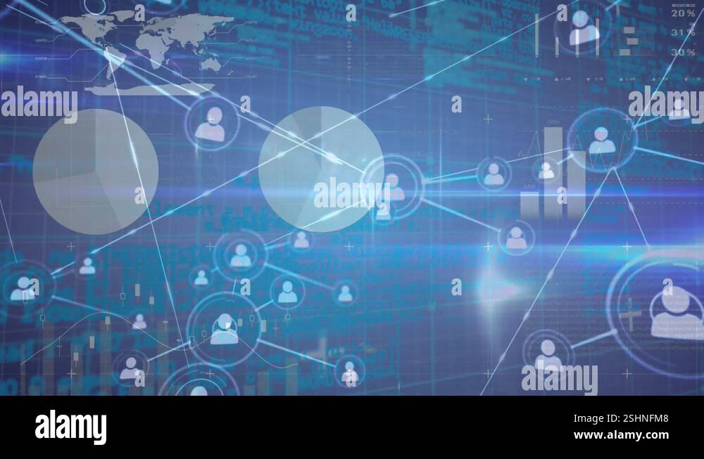 Animation of network of profile icons and statistical data processing against Stock Video ...