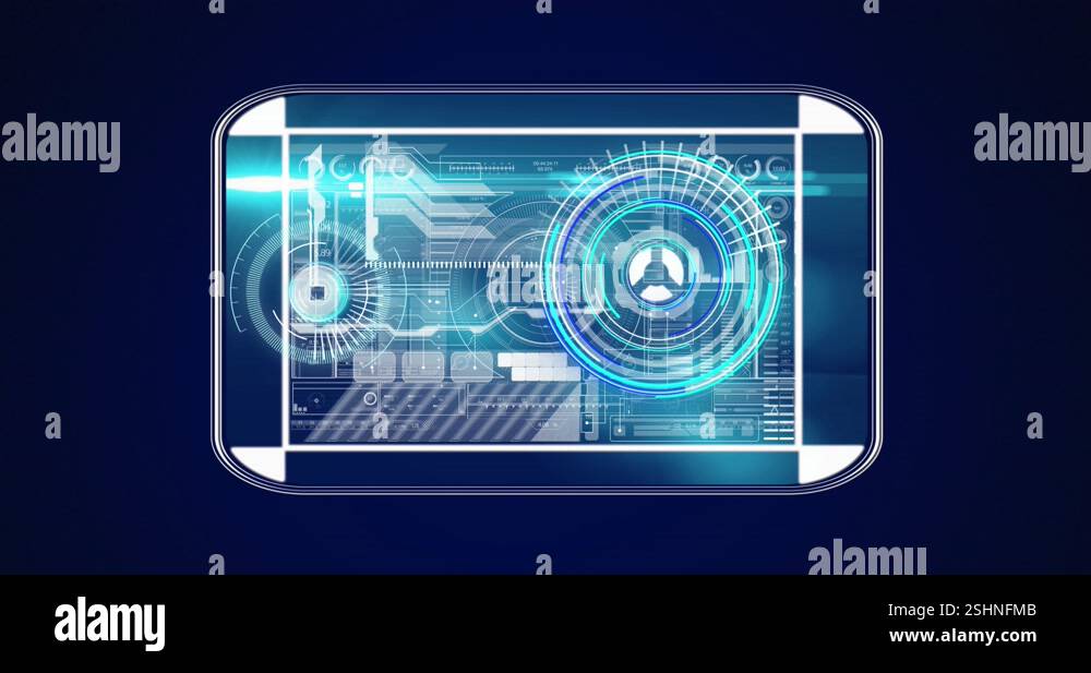 Animation of interface with neon round scanner and data processing against blue Stock Video ...