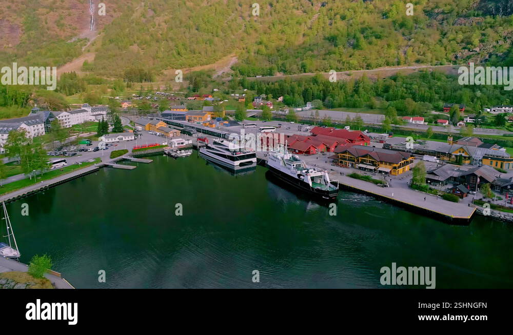 Boats and ships at the dock at Flam, Norway - aerial flyover Stock ...