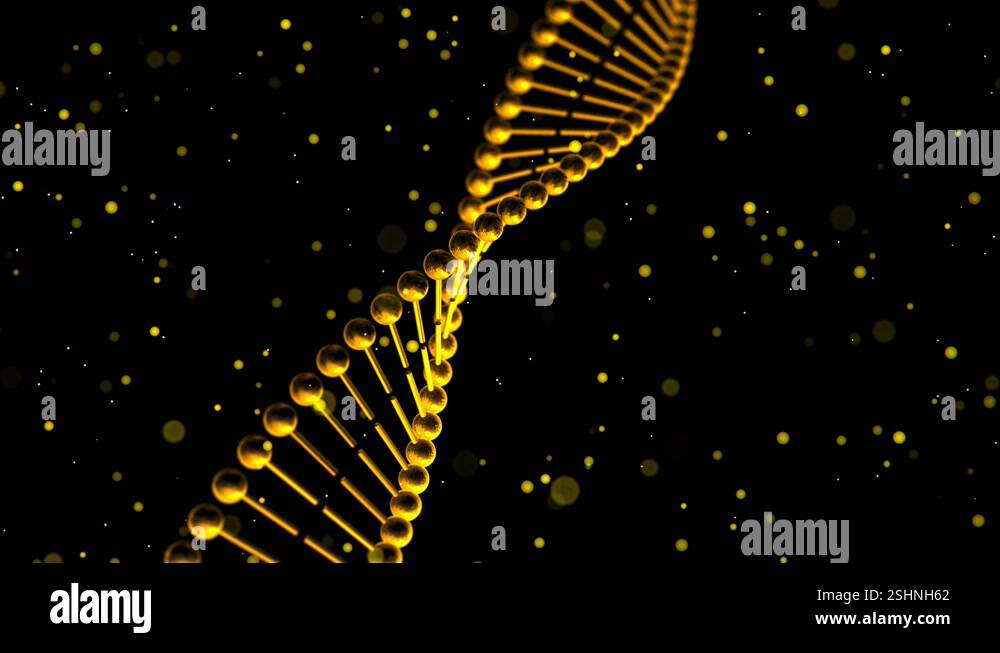3D zoom in animation of rotating golden-colored DNA helix strands with ...