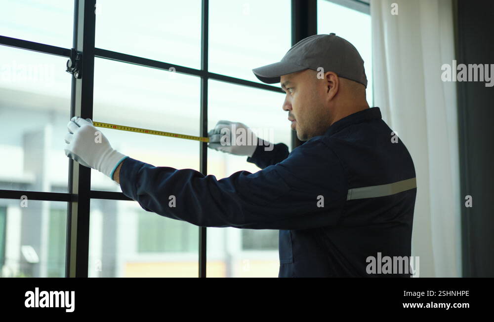Technician worker in uniform using measuring tape tool to measuring ...