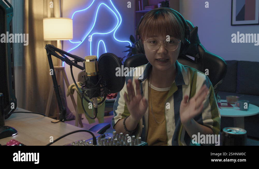 Asian Female Talk Show Host Working in Radio Studio Stock Video Footage ...