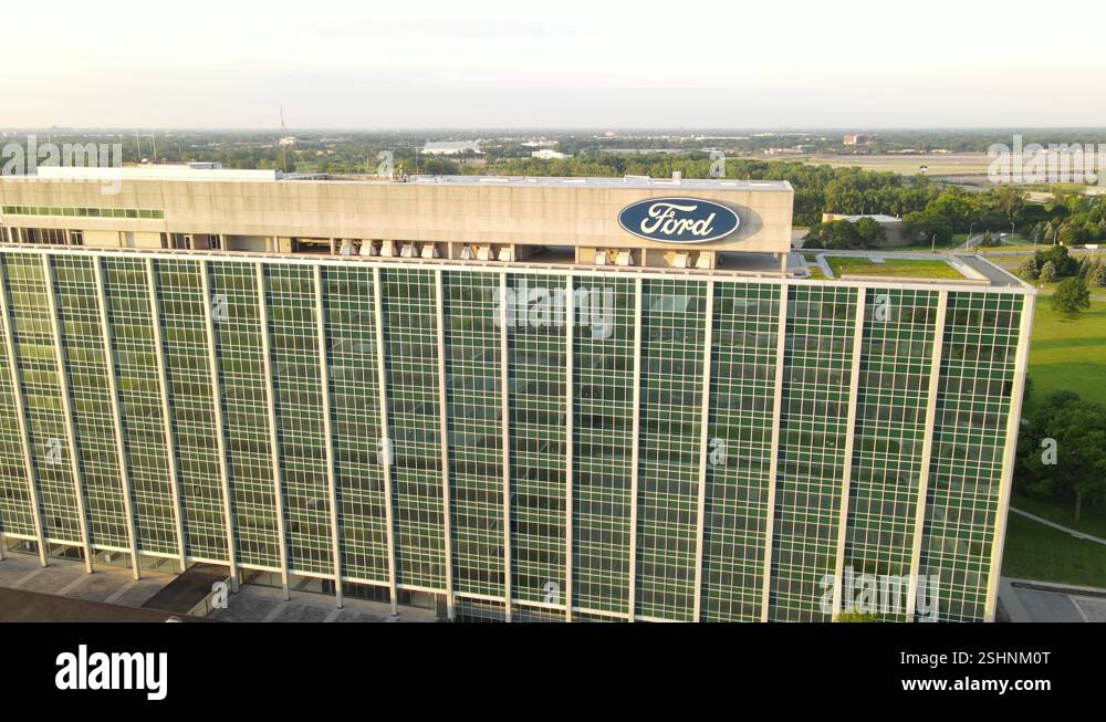 Ford office building in Detroit on sunny day, aerial ascend view Stock ...
